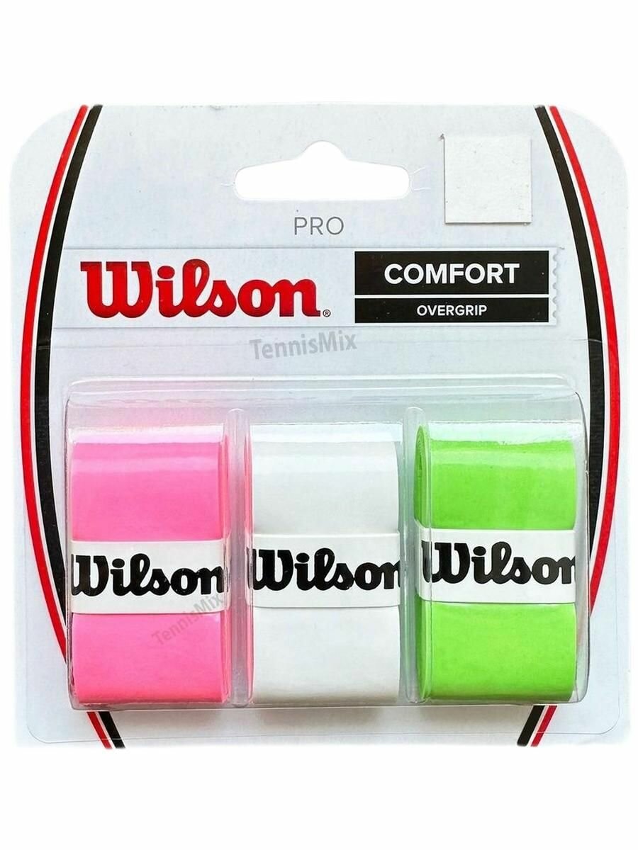 Намотка для теннисной ракетки 3шт Wilson PRO Comfort Multicolour Овергрип липкий впитывающий (Белый Розовый Зеленый)