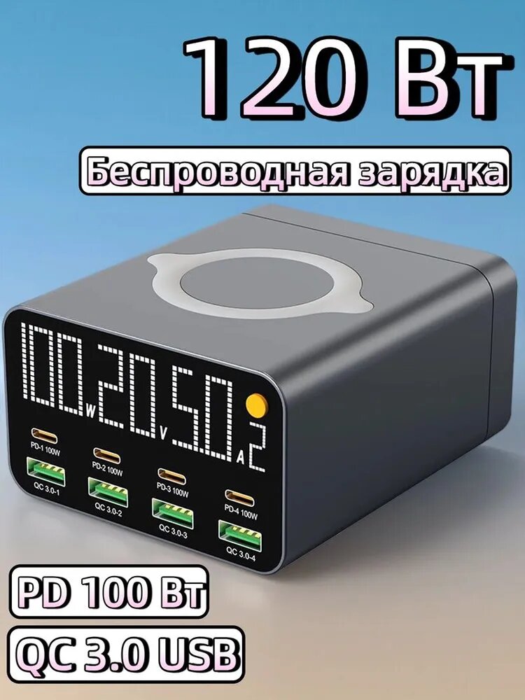 Многоразовый зарядный адаптер M1: беспроводная зарядка + 8 портов + 120 Вт + индикация