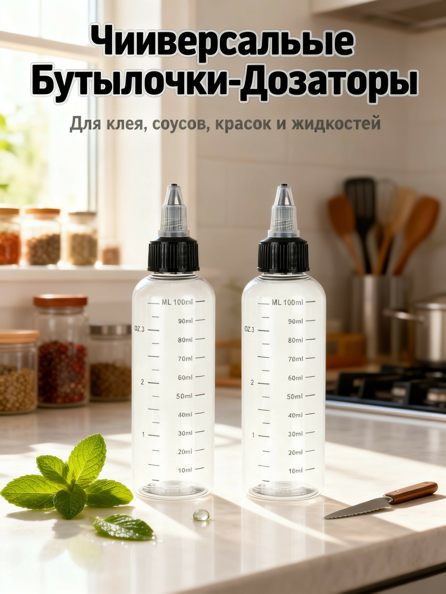 Набор из 2 бутылочек 100 мл, с дозатором и шкалой для точного дозирования клея, соусов, красок и жидкостей, удобные и универсальные