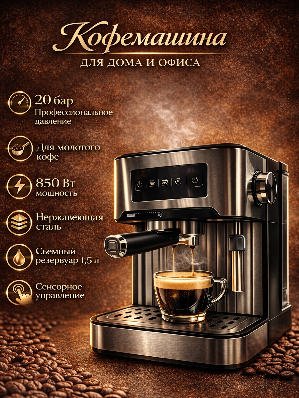 Рожковая кофемашина Gelifez, давление 20 Бар, цифровой дисплей