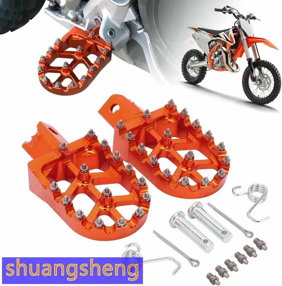 Подножки (пеги) CNC для питбайков 50-125cc: KAYO K1, CRF/XR 50/70/110, CT200U, SSR, Apollo, съемные шипы, алюминий 6061-T6, шире 30%
