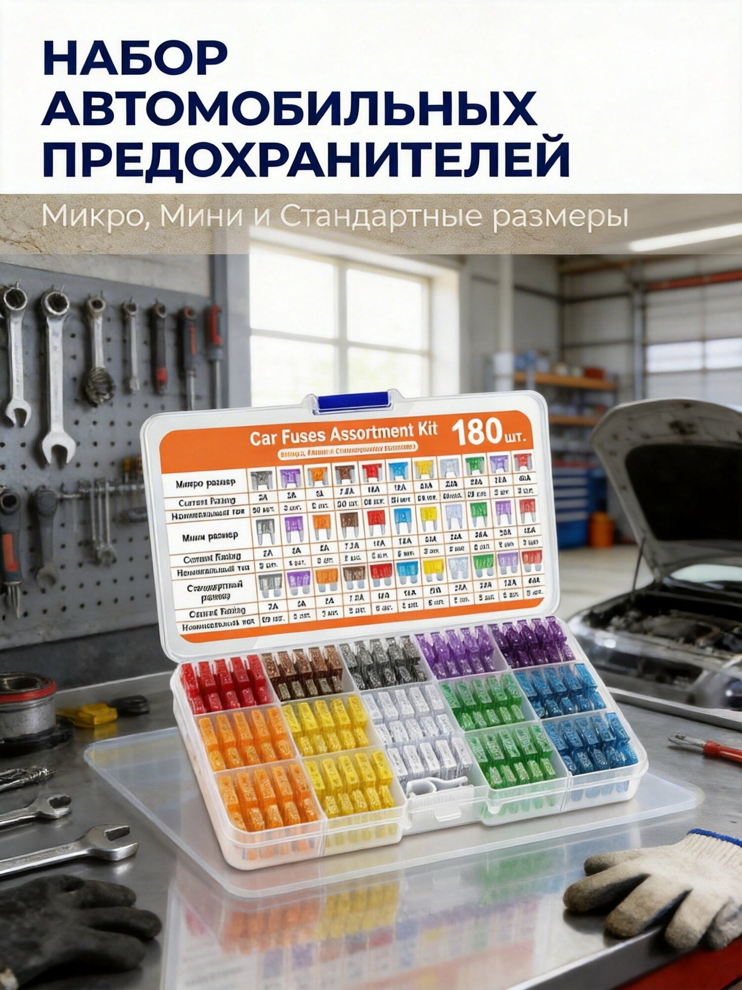 Набор автомобильных предохранителей 180 шт, 2A-40A — подходит для малых, средних и мини размеров в коробке