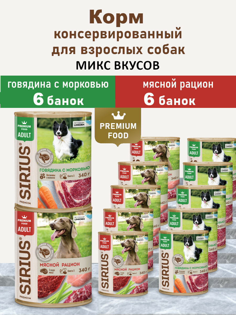 Корм консервированный для взрослых собак микс вкусов 12 банок