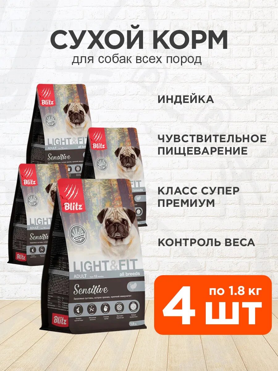 Корм сухой Blitz Sensitive Adult All Breeds Light & Fit диетический для взрослых собак всех пород, индейка, 1,8 кг 4 шт