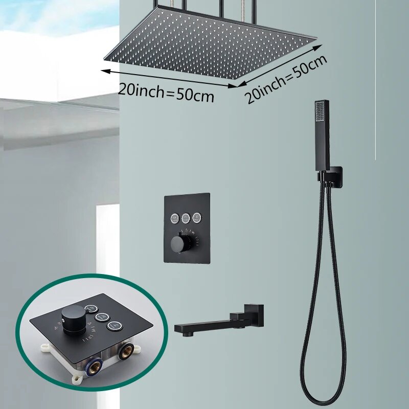 Rozin Черный термостатический душевой кран Скрытая установка Сантехнические смесители для ванной Комплект дождевого душа с потолочным большим раковиной 3-хходовой 20 дюймов