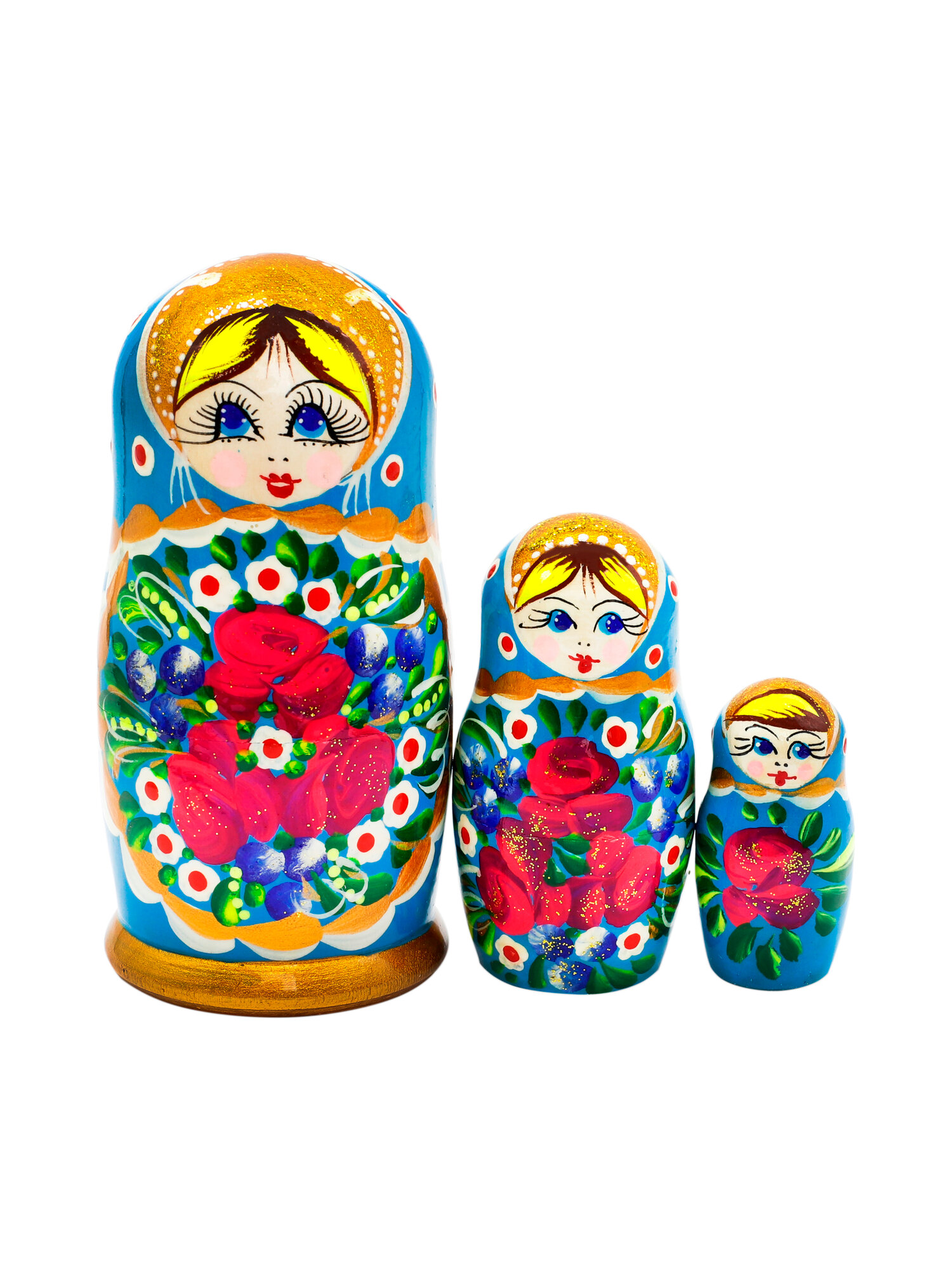 Матрешка Цветочная, голубая, 3 места, 11 см, ручная роспись.
