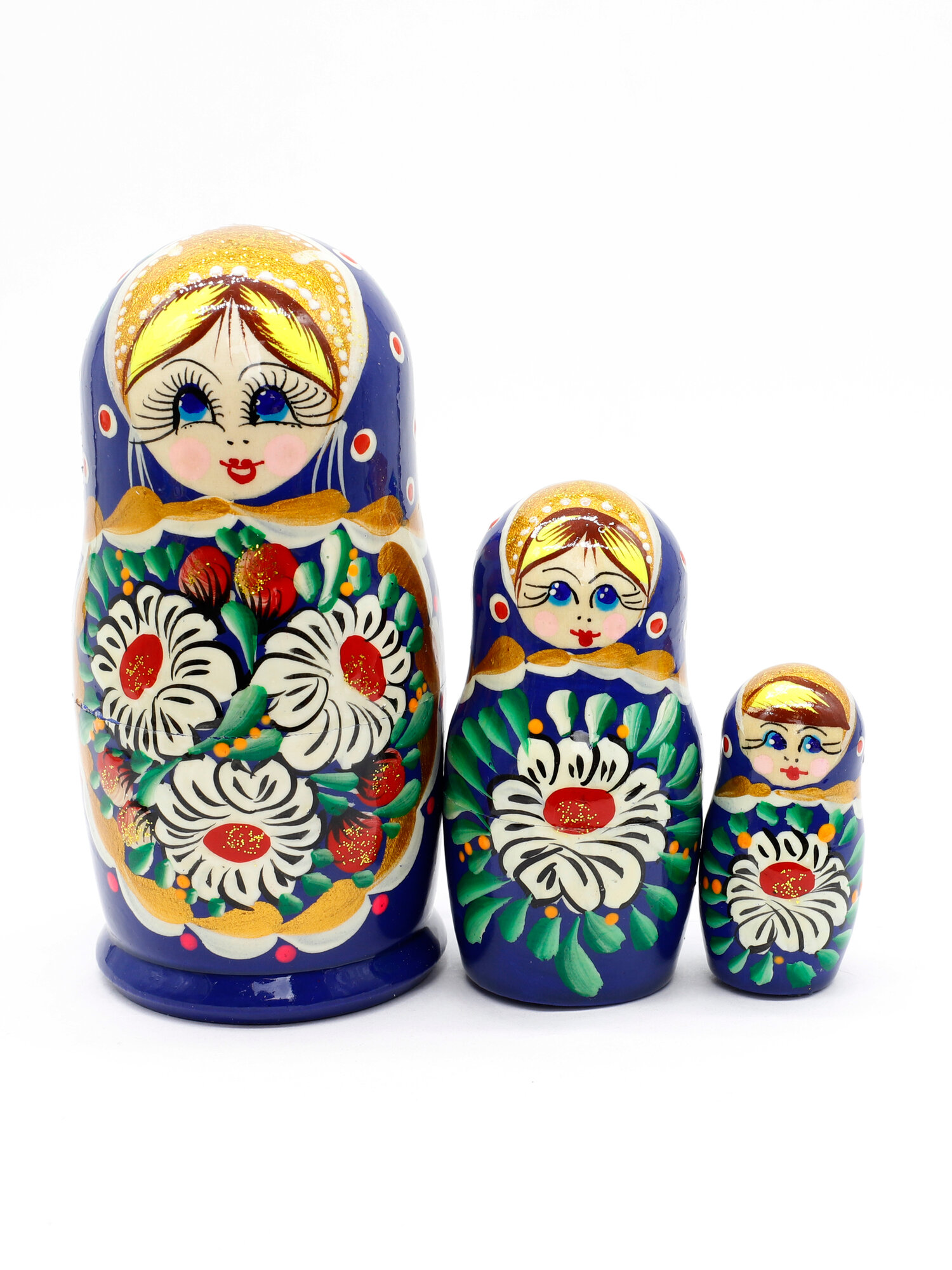 Матрешка " Цветочная ", синяя, 3 места, 11см, ручная роспись.