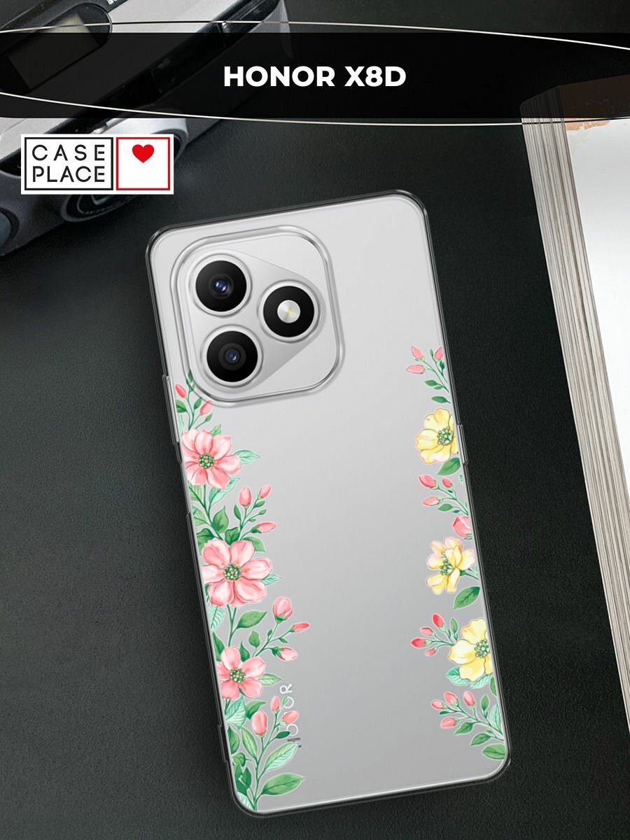 Чехол на Honor X8d / Хонор X8d с принтом Цветы по краям, прозрачный