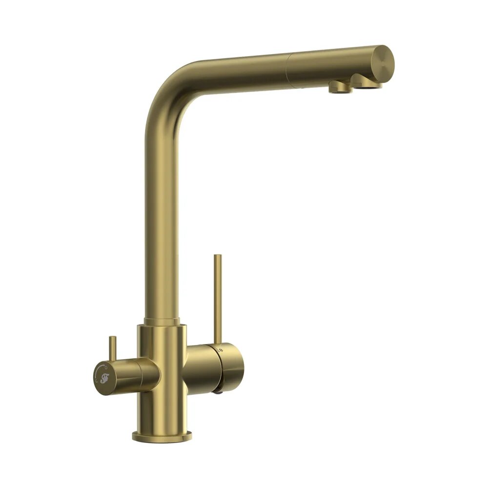 Смеситель для кухни Elghansa Kitchen Pure Water 56A5216 с краном для питьевой воды, с поворотным изливом, золотой, матовый, однорычажный, нержавеющая сталь, с керамическим картриджем