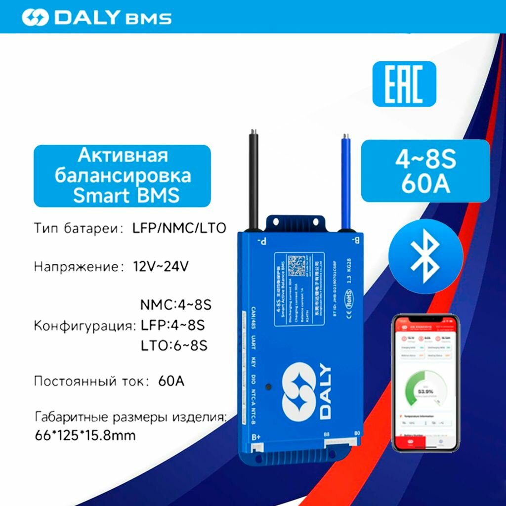 Активный балансир DALY BMS 4S - 8S 60A LFP/NMC/LTO Встроенный Bluetooth, CAN/RS485, UART, Синяя серия
