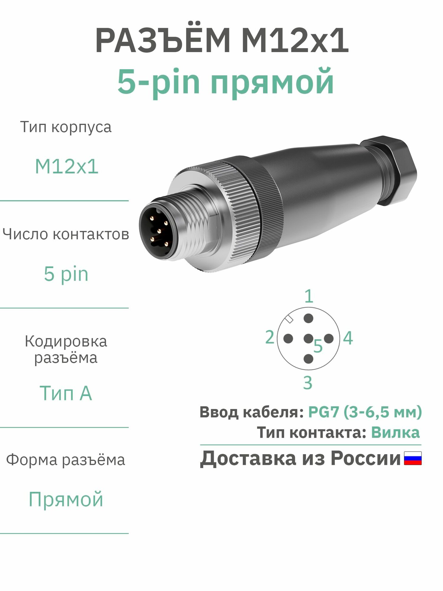 RAZM-M12-C5 разъём М12 5 pin прямой / вилка (папа) / PG7 (3-6,5 мм диаметр под кабель)