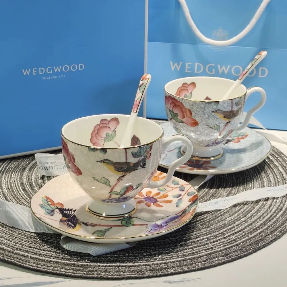 Wedgwood чашки кофейные 4 шт 200 мл птицы из костяного фарфора с ложками