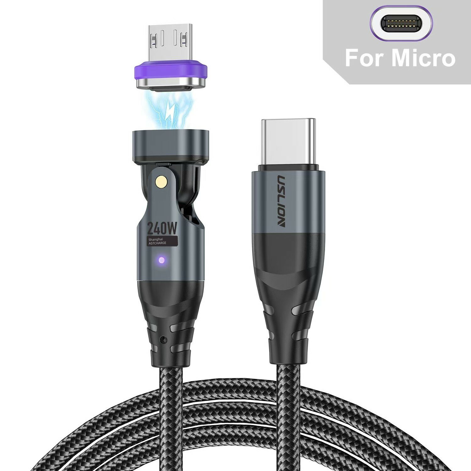 Магнитный кабель Type-C к Micro USB PD240W 1м для Android, Xiaomi устройств
