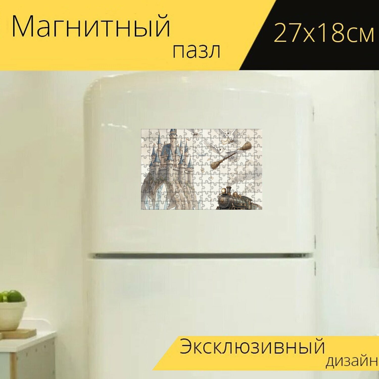 Магнитный пазл "Волшебный замок и летающие совы. Сказочная сцена в нежной акварельной палитре: величественная крепость на скале, белые совы с письмом и." на холодильник 27 x 18 см.