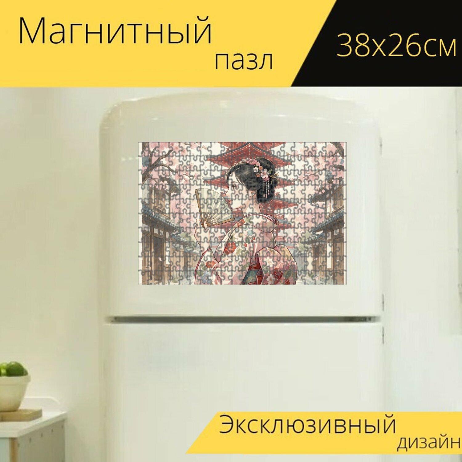 Магнитный пазл "Японка в кимоно у пагоды. Нежная иллюстрация в японском стиле: девушка с веером среди цветущей сакуры, традиционная архитектура Киото." для интерьера, 38х26 см.