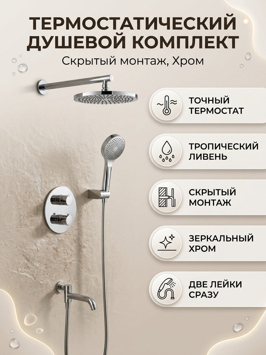 Душевая система скрытого монтажа с тропическим душем, термостатический Vieir V25003-3 хром