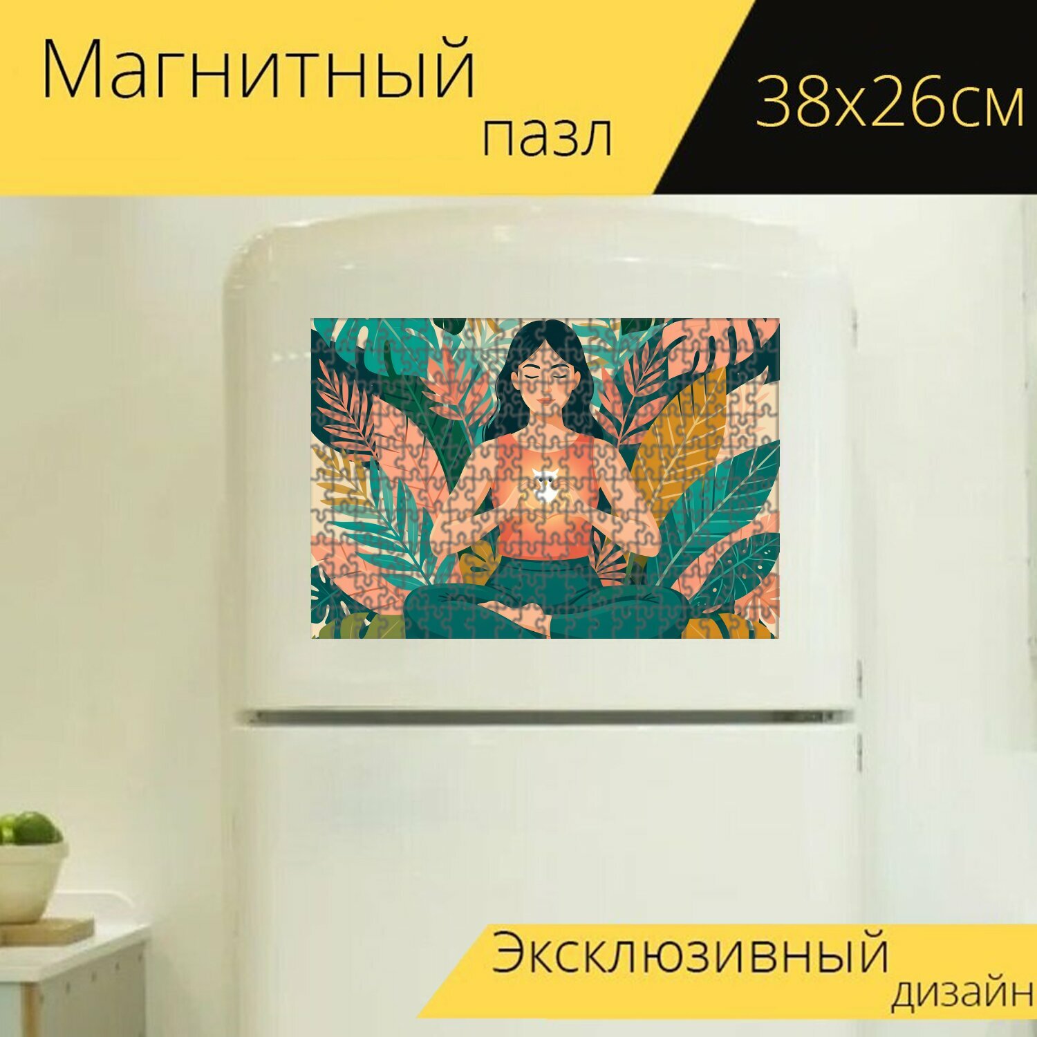 Магнитный пазл "Девушка с совой среди тропических листьев. Спокойная медитативная композиция в тропическом стиле: девушка с закрытыми глазами держит светлую." для интерьера, 38х26 см.