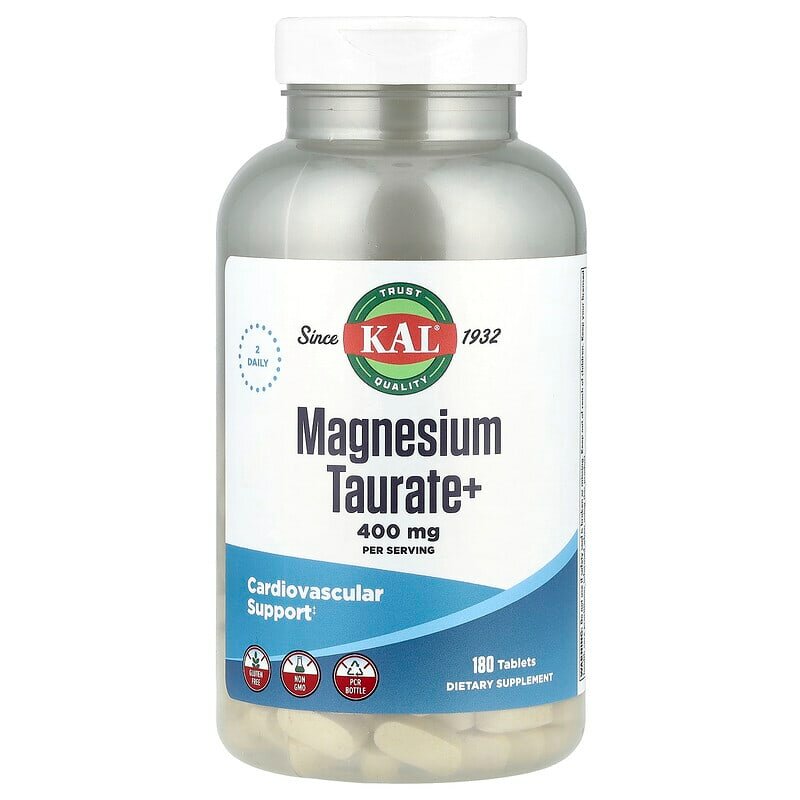 Магний+KAL Magnesium Taurate+, пищевая добавка, с таурином и витаминами, 400мг, 180 табл