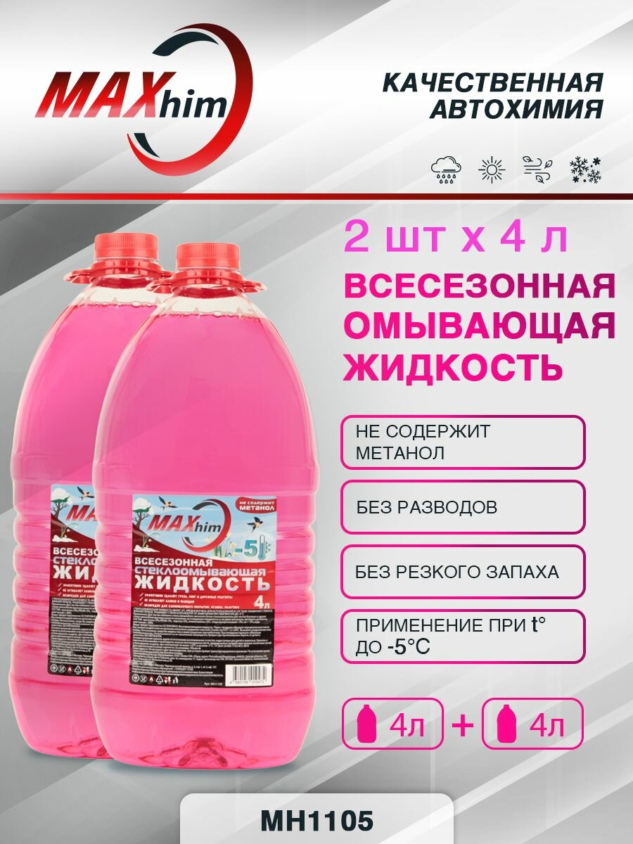 Жидкость стеклоомывающая всесезонная до -5C 2 шт. по 4 л. упаковка ПЭТ MAXHIM MH1105