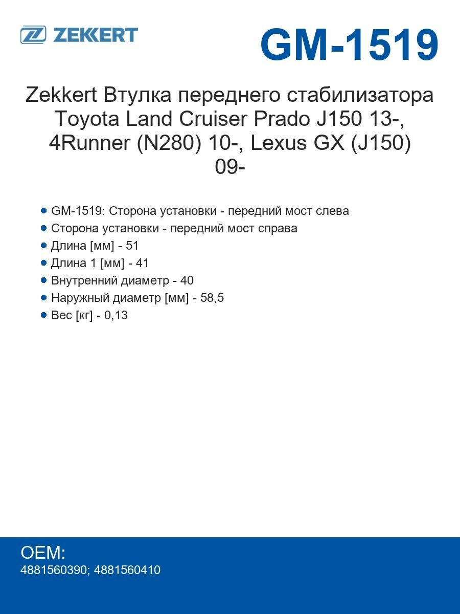 Zekkert Втулка переднего стабилизатора Toyota Land Cruiser Prado J150 13-, 4Runner (N280) 10-, Lexus GX (J150) 09-