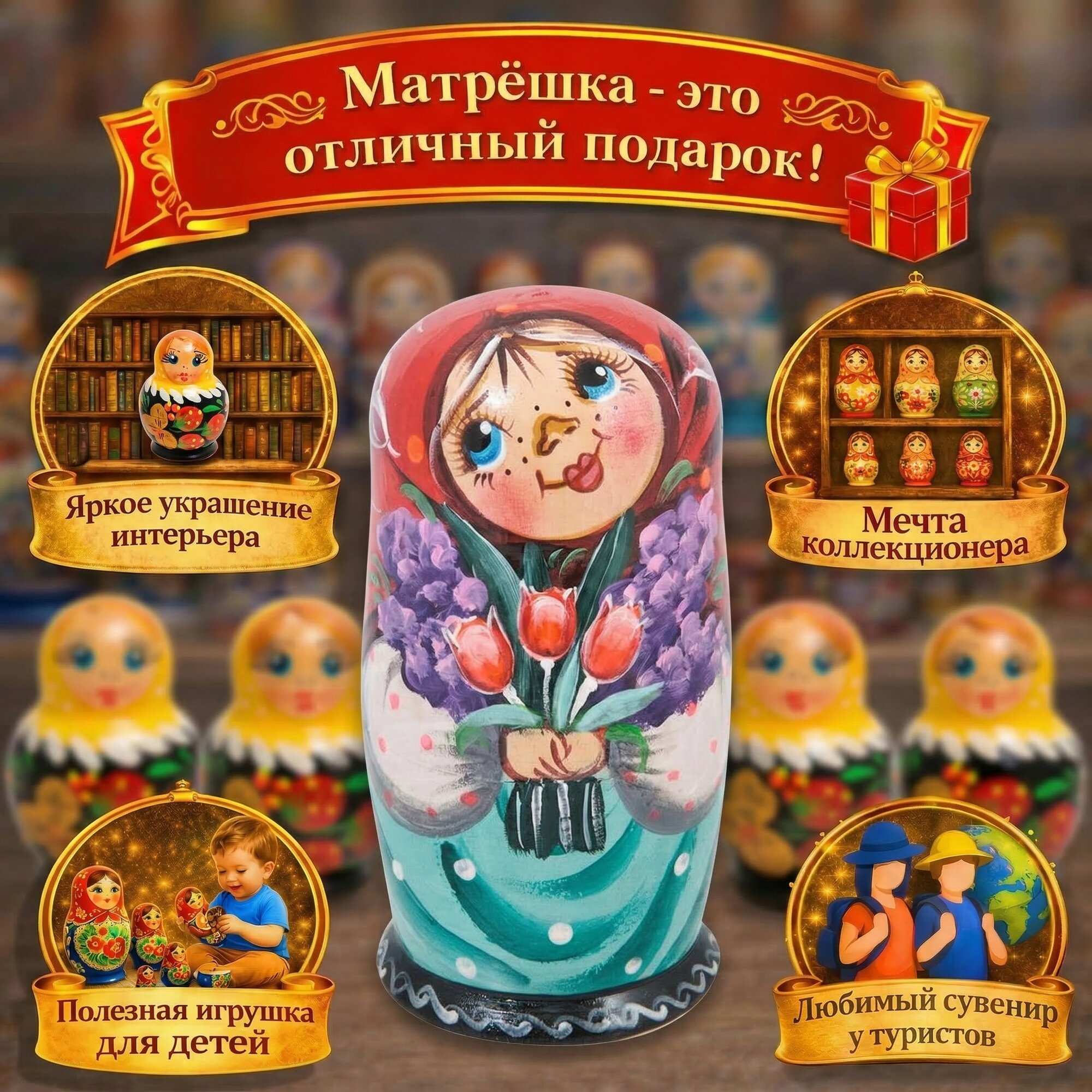 Матрешка Народные промыслы "Софья с тюльпанами", ручная роспись, 12 см — фото 1