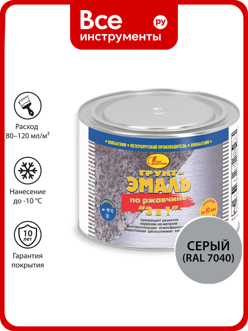 Грунт‑эмаль по ржавчине 3 в 1 Новбытхим серый RAL 7040, быстросохнущая износостойкая влагостойкая, матовый блеск