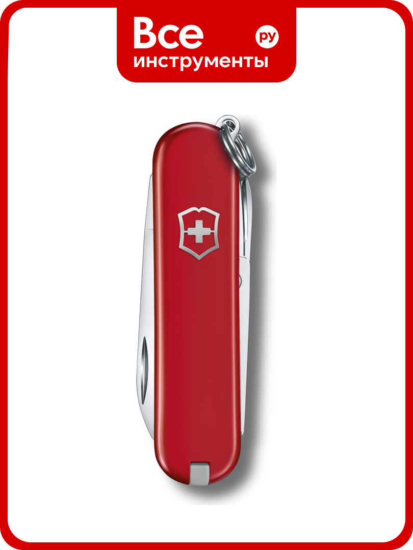 Нож-брелок Victorinox Classic Style Icon из нержавеющей стали с красной рукояткой, включает нож, ножницы и пинцет
