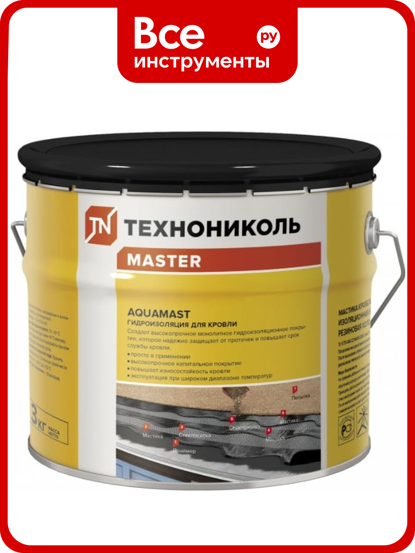 Битумно-резиновая, Технониколь, мастика Технониколь AquaMast, ведро 3 кг TN889469, нефтяного битума
