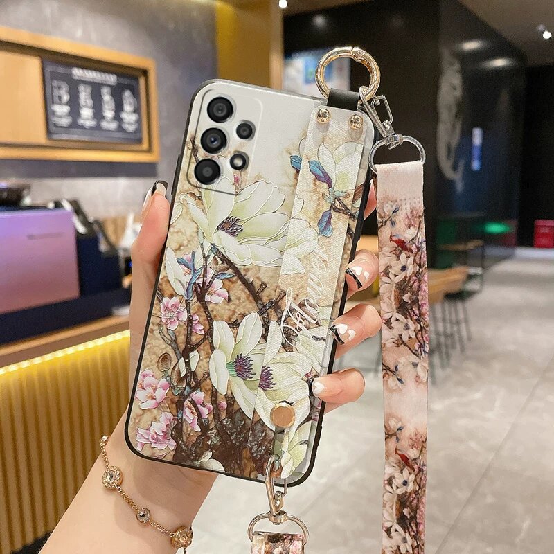 Чехол для Samsung Galaxy A37 с узором орхидея и включенной кроссбоди-ремешком