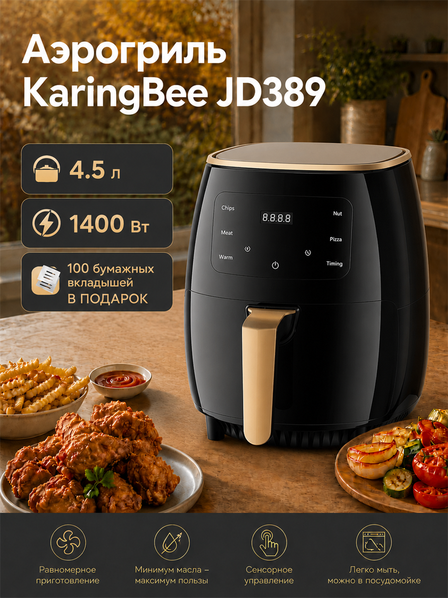 Аэрогриль KaringBee JD389, Мощность 1400 Вт, Объём чаши 4.5 литров