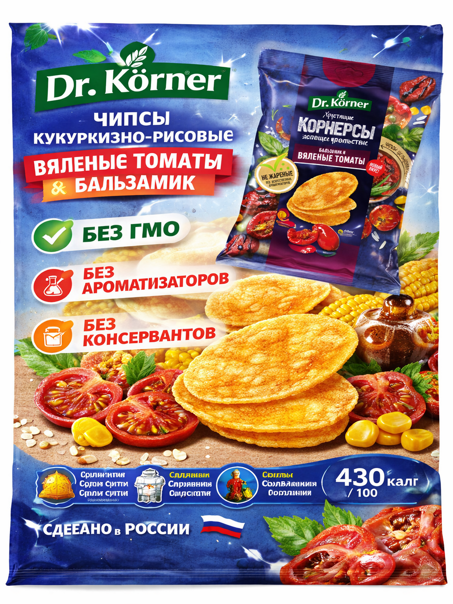 Чипсы кукурузно-рисовые Dr. Korner Вяленые томаты и бальзамик, 50г x 2 упаковки