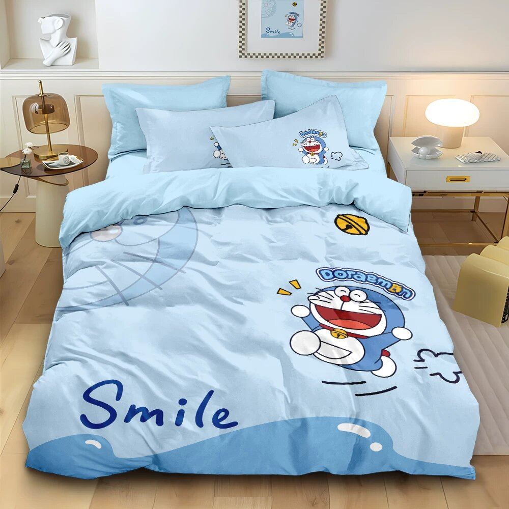 Комплект постельного белья Doraemon из 100% хлопка, 4 предмета: простыня, пододеяльник, наволочки, для детской комнаты,