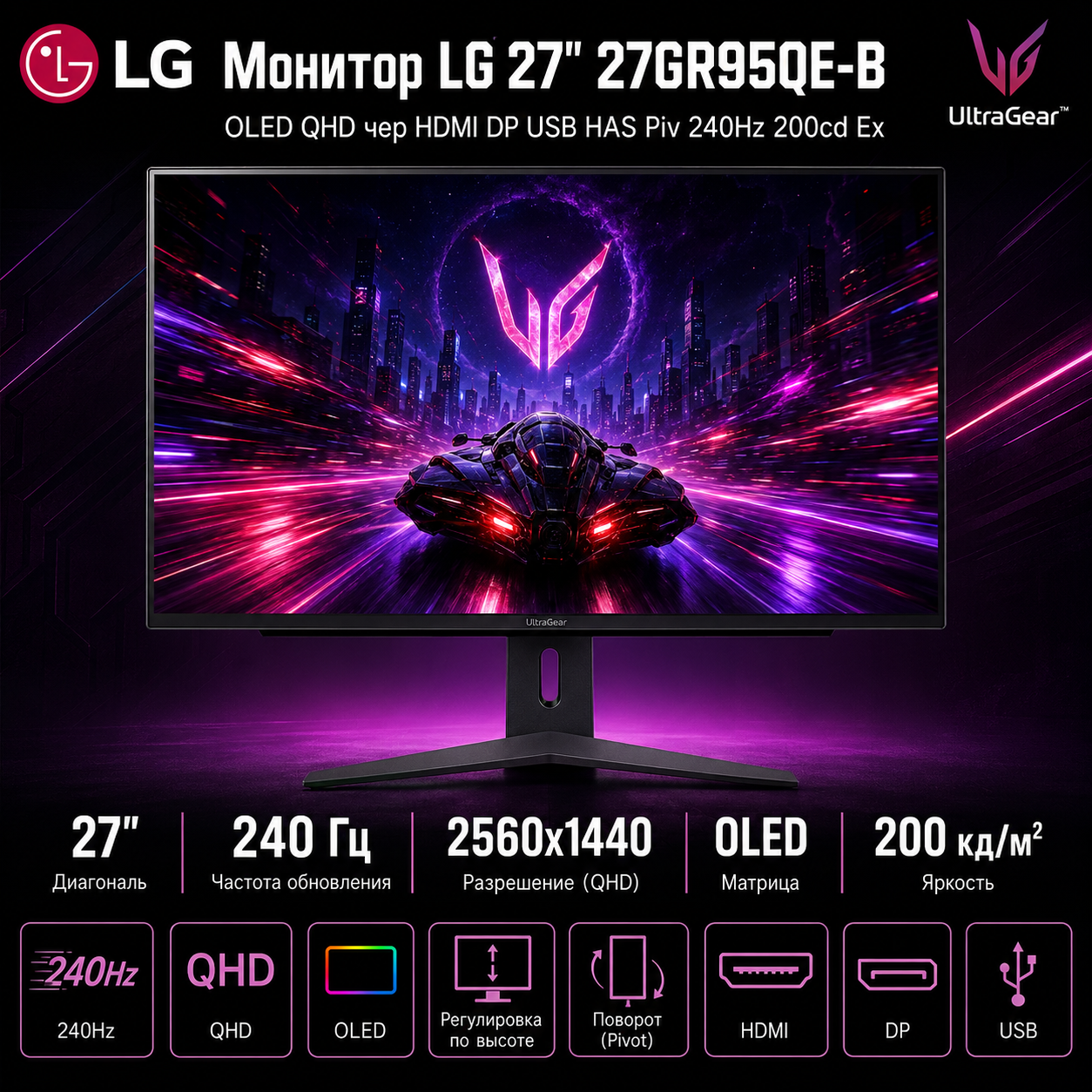 Монитор LG 27" 27GR95QE-B OLED QHD чер HDMI DP USB HAS Piv 240Hz 200cd Ex