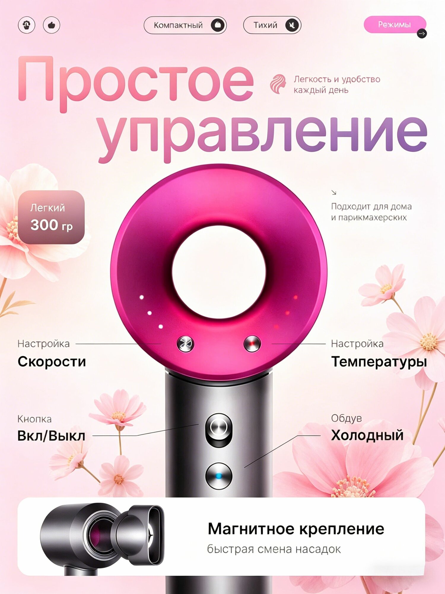 Фен-щетка для волос мультистайлер 1600 Вт, скоростей 3, кол-во насадок 7, пурпурный, серый металлик