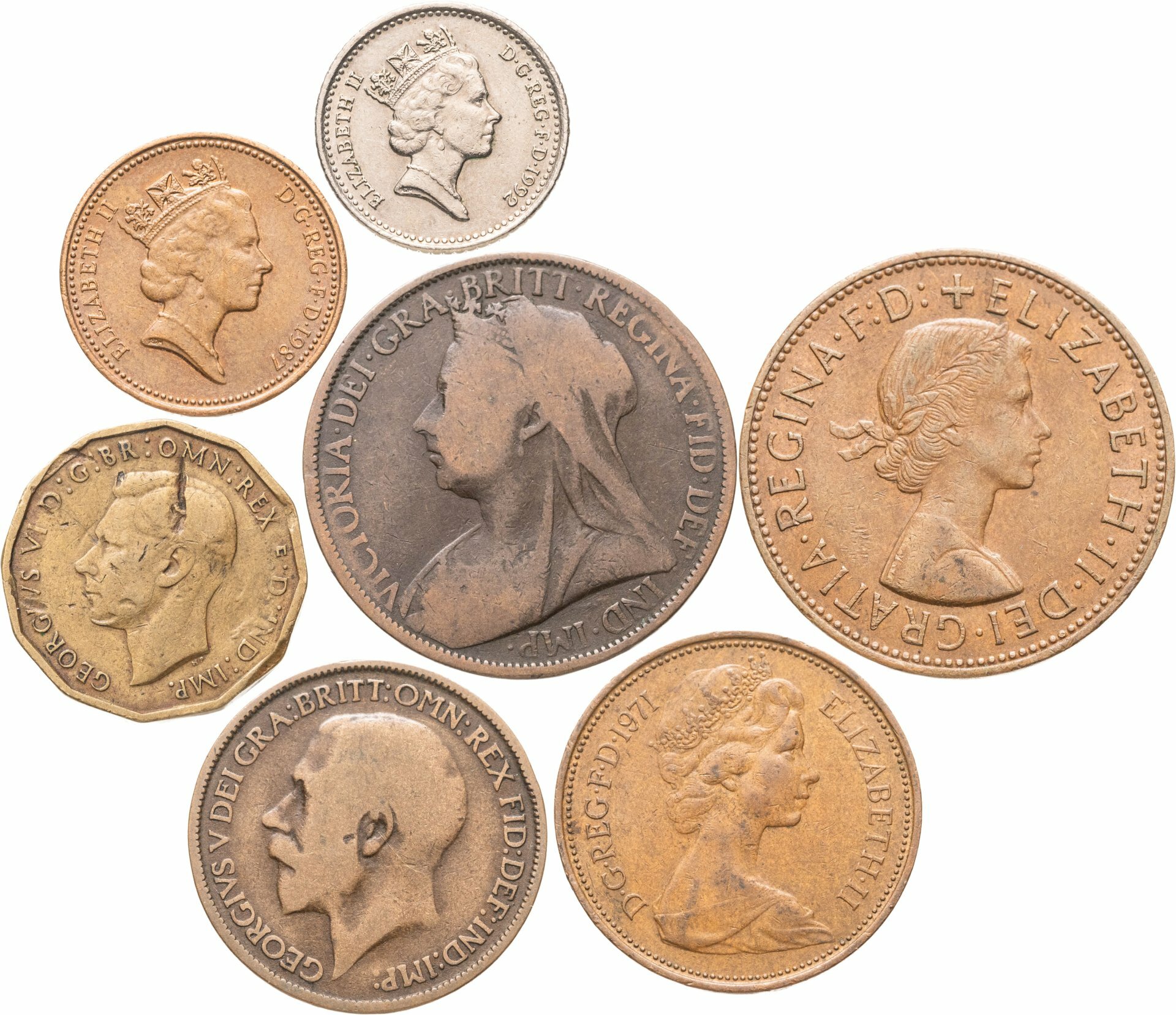 Великобритания набор 7 монет 1/2, 1 пенни penny и 2, 5 пенсов pence 1900-1992, Различные сплавы, в сохранности VG-AU