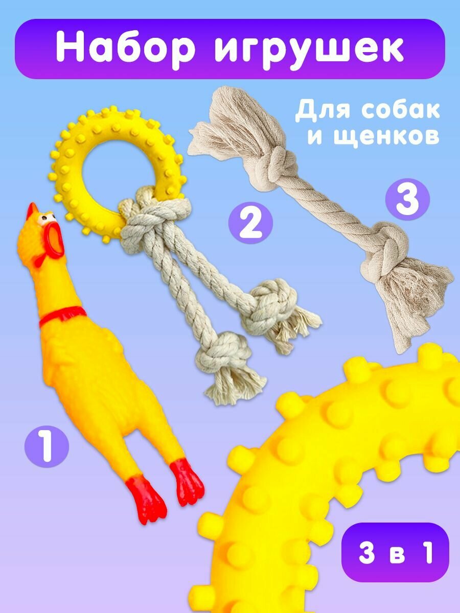 Поиграй с другом / Игрушки для собак мелких пород 3шт: белый канат, кольцо с канатом, курица - пищалка / Желтый цвет