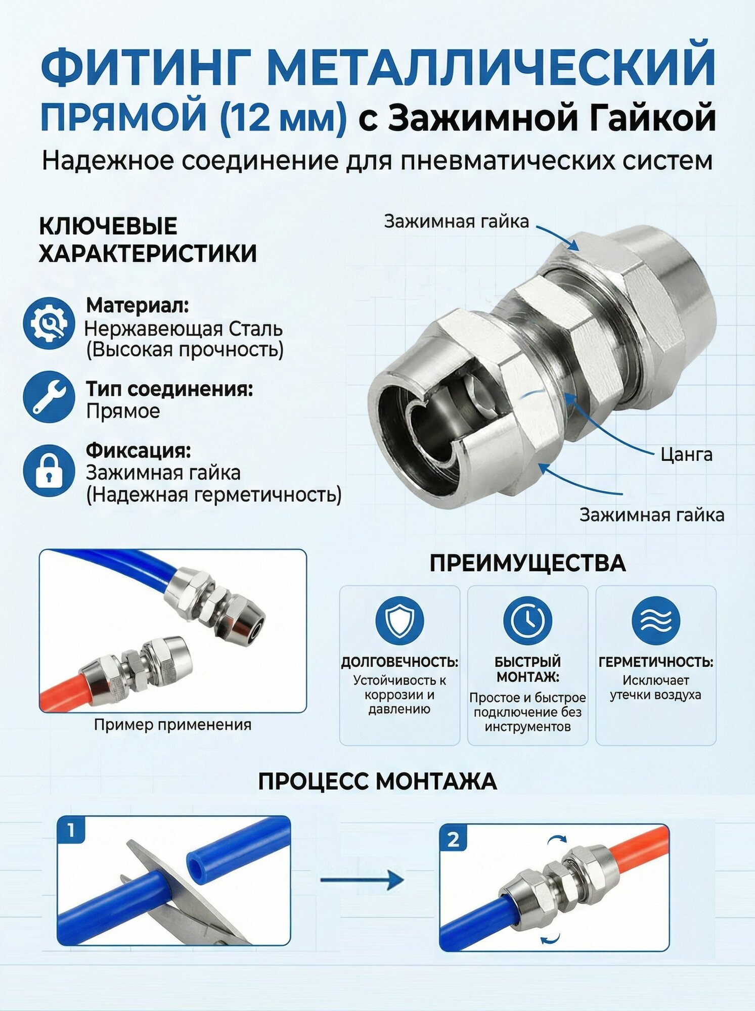 Фитинг металлический прямой с зажимной гайкой для пневматических трубок 12 мм