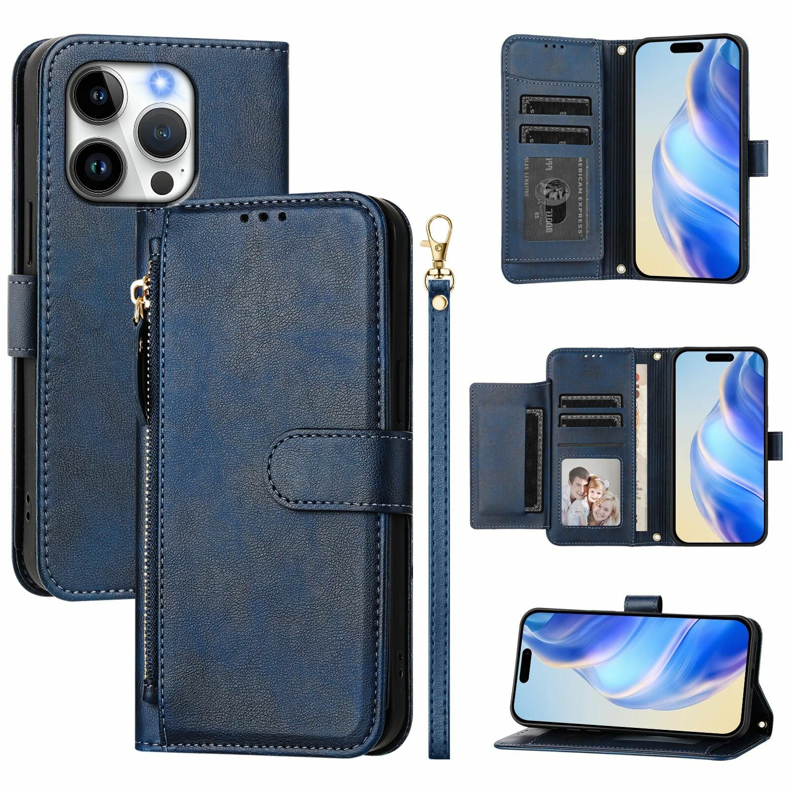 Кожаный книжка чехол в виде бумажника для Apple iPhone 15 Pro Max (Эпл Айфон 15 Про Макс) с застежкой-молнией, коротким шнуром, Складной слот для карт и отделением для кошелька