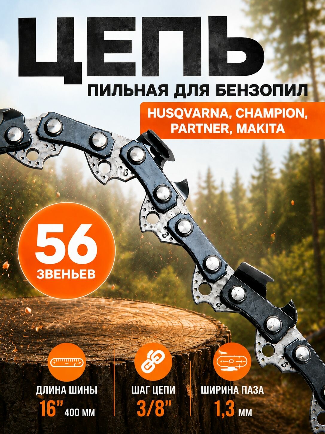 Цепь пильная для бензопил HUSQVARNA, CHAMPION, PARTNER, MAKITA 56 звеньев 400 мм (16" ), 3/8", 1.3