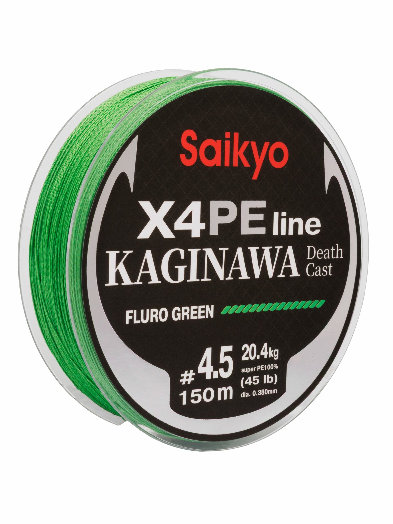 Шнур плетеный Saikyo KAGINAWA X4PE 150m, зеленый fluo #4.5 (0,38mm), 20,4 кг