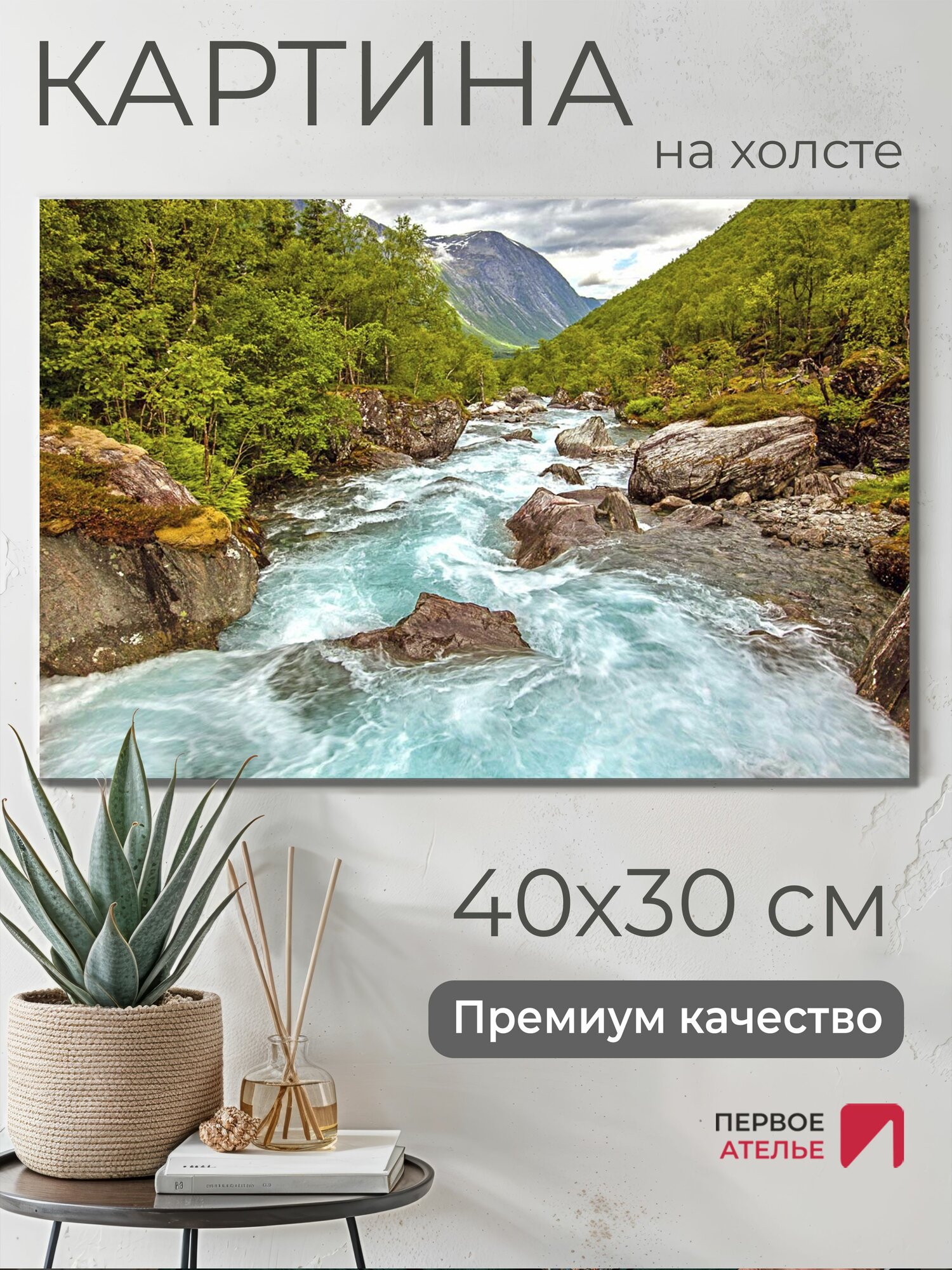 Картина на стену для интерьера "Поток горной реки" 40х30 см (ШхВ), картина природа интерьерная на холсте от Первое ателье