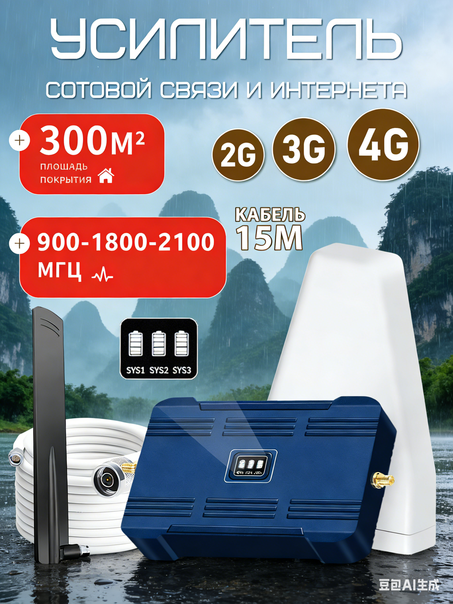 Усилитель сотовой связи 900/1800/2100 МГц (2G/3G/4G): до 70 км, направленный, синий, 1.3 кг