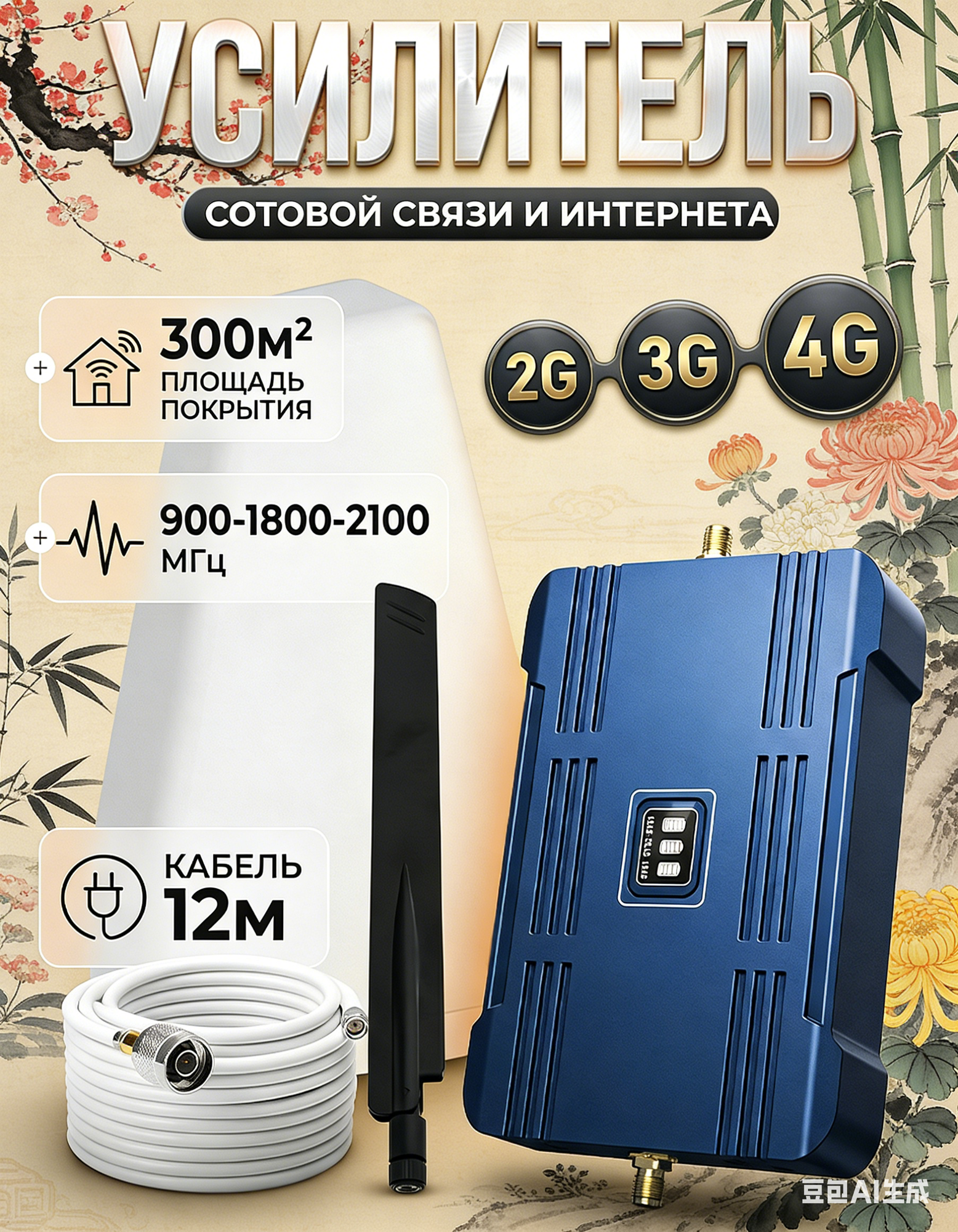 Усилитель сотовой связи 900/1800/2100 МГц (2G/3G/4G): до 70 км, направленный, синий, 1.3 кг
