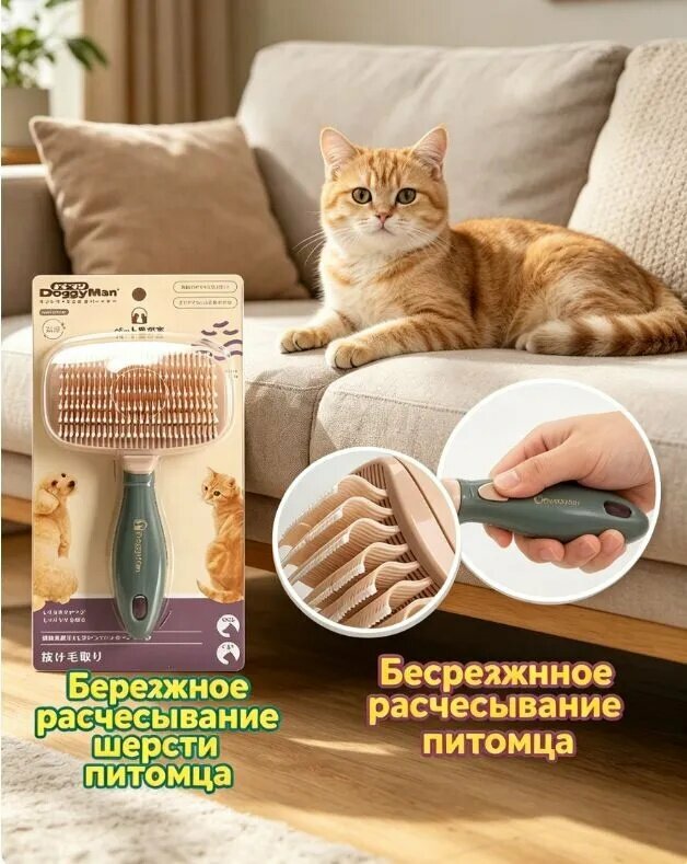 Сликер с каучуковыми зубчиками для длинношерстных питомцев с функцией автоматического удаления шерсти