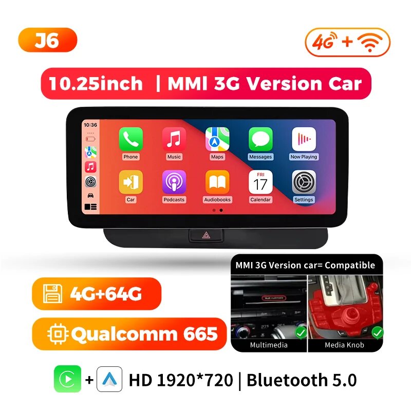 Беспроводной CarPlay Android auto для Audi Q5 8r 2009-2016 Bluetooth J6 MMI 3G 10.25inch