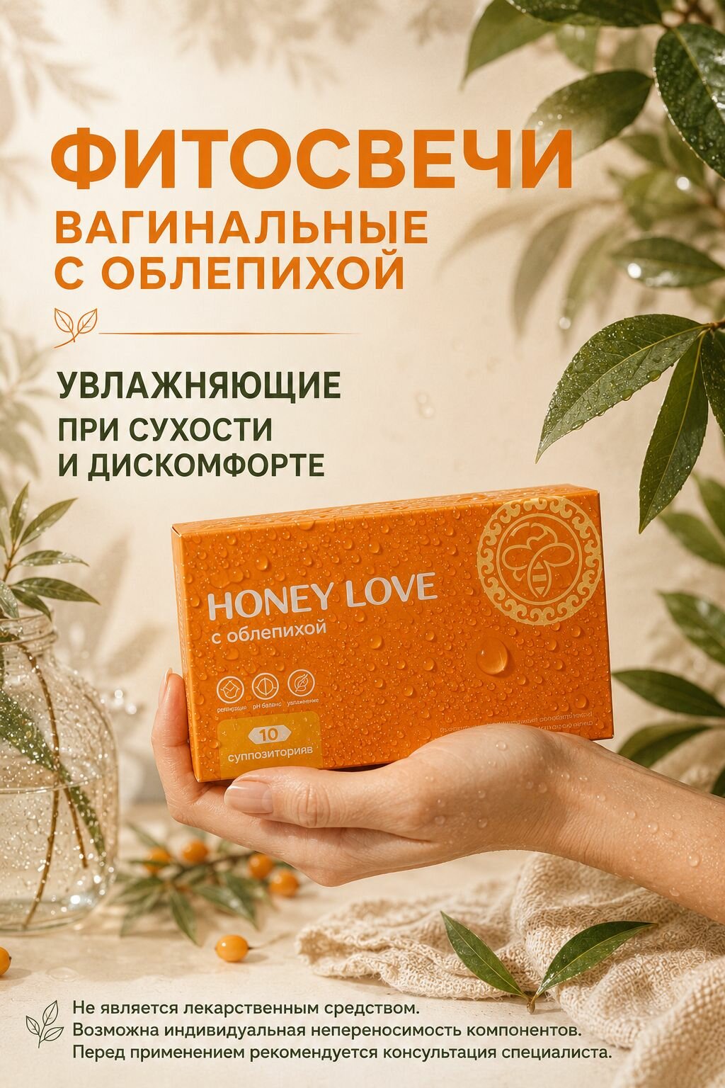 Фитосвечи увлажняющие вагинальные с облепихой при сухости и дискомфорте влагалища,10 штук