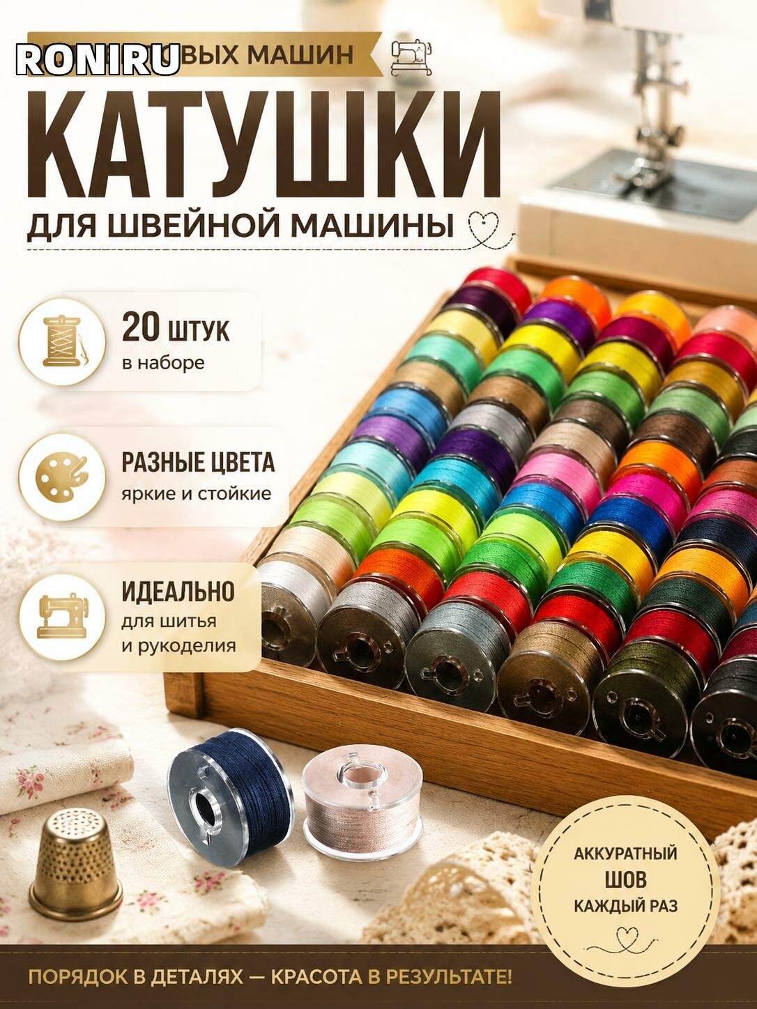 Катушки для швейной машины 20 шт — набор мини-бобин с разноцветными нитками для шитья и рукоделия, для бытовых машин