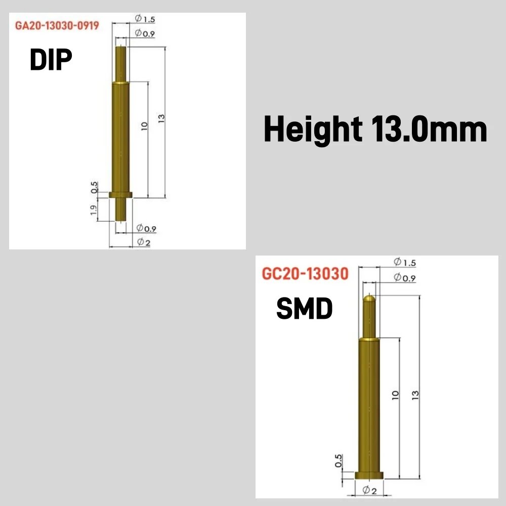 RTLECS Пружинные контактные разъемы Pogo Pin 2A SMD 20pcs, SMD Surface Mount, Height 13.0mm