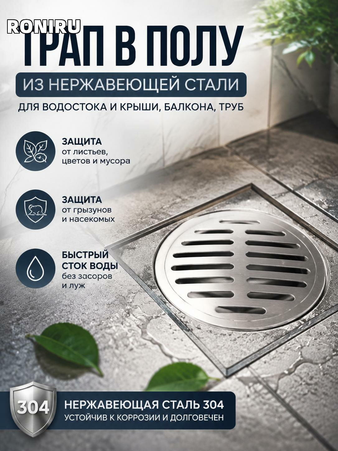 Трап в полу из нержавеющей стали для водостока и крыши — защита от листьев, цветов и грызунов, для балкона, труб