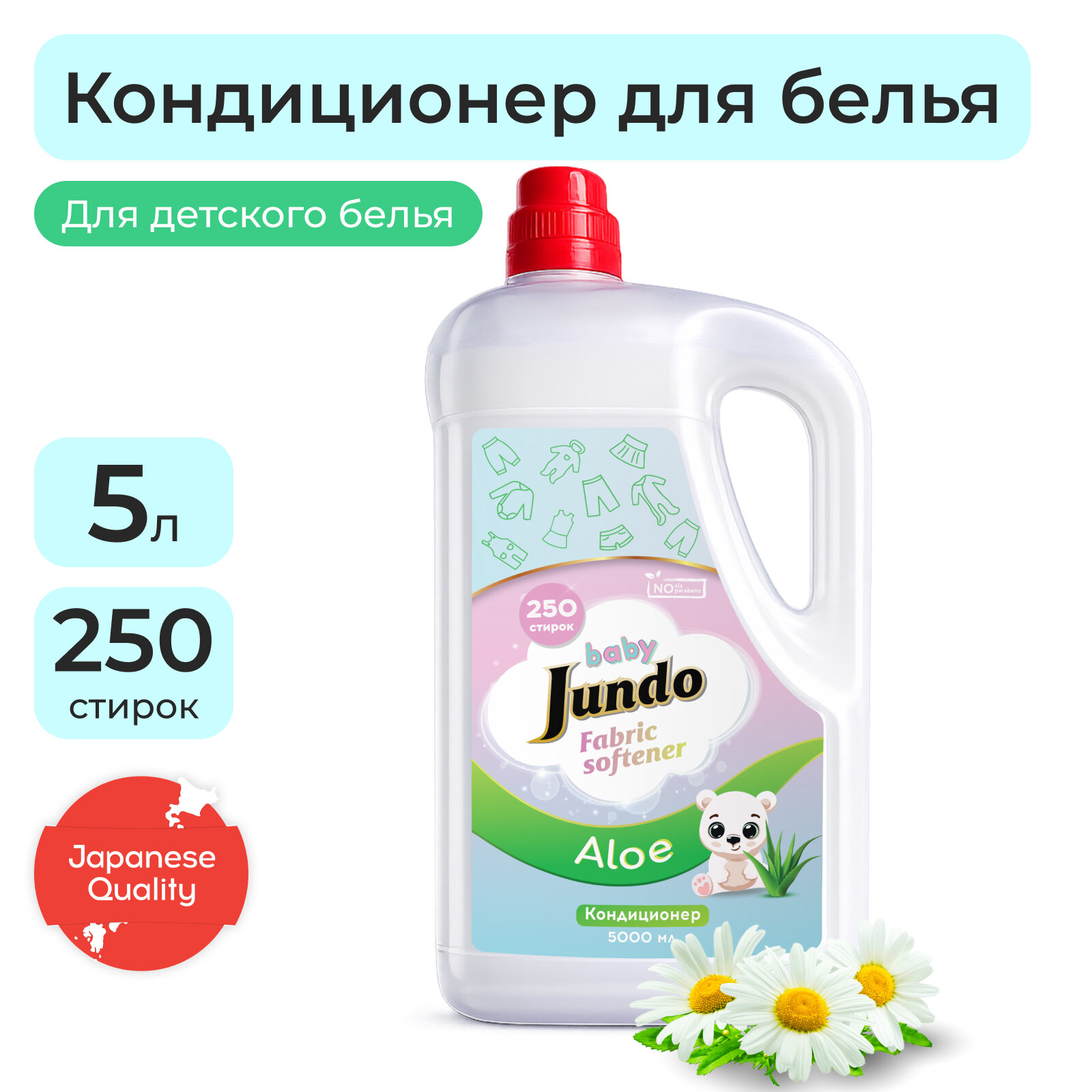 Кондиционер-ополаскиватель для детского белья Jundo Премиум 5000мл с ароматом Алоэ, концентрированный, 250 стирок